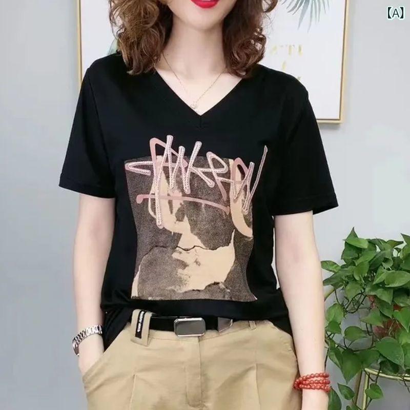 2025年 夏 綿 コットン 半袖 Tシャツ レディース ショート丈 Vネックトップス スリム ママ 婦人 服 カジュアル かわいい素材: ポリエステルサイズ: 4XL 3XL 2XL M L XL
