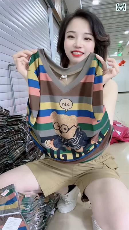 夏 女性 綿 半袖 Tシャツ ベリー トップ カバー Vネックの ストライプ ゆったり コットン カラフル カジュアル かわいいサイズ：M（50kg以内推奨）.L（50kg～57.5kg推奨）.4XL（160kg～180kg推奨）
