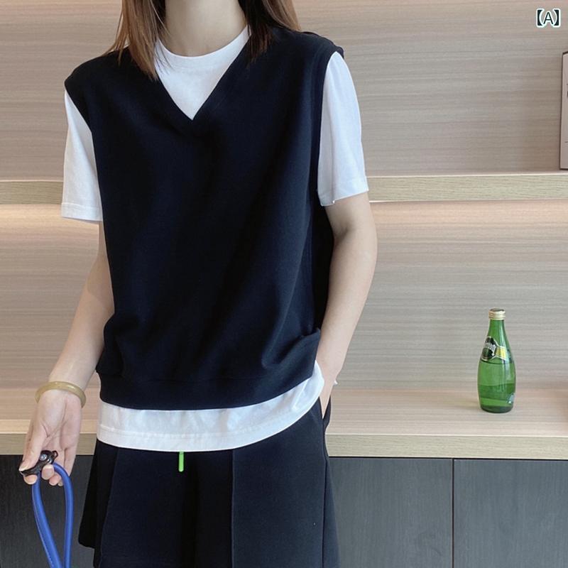 フェイクツーピース 重ね着風 半袖 Tシャツ 女性用 2025 夏新 体型カバー Vネックベスト ニット材質：-100サイズ: 4XL 3XL 2XL M L XL