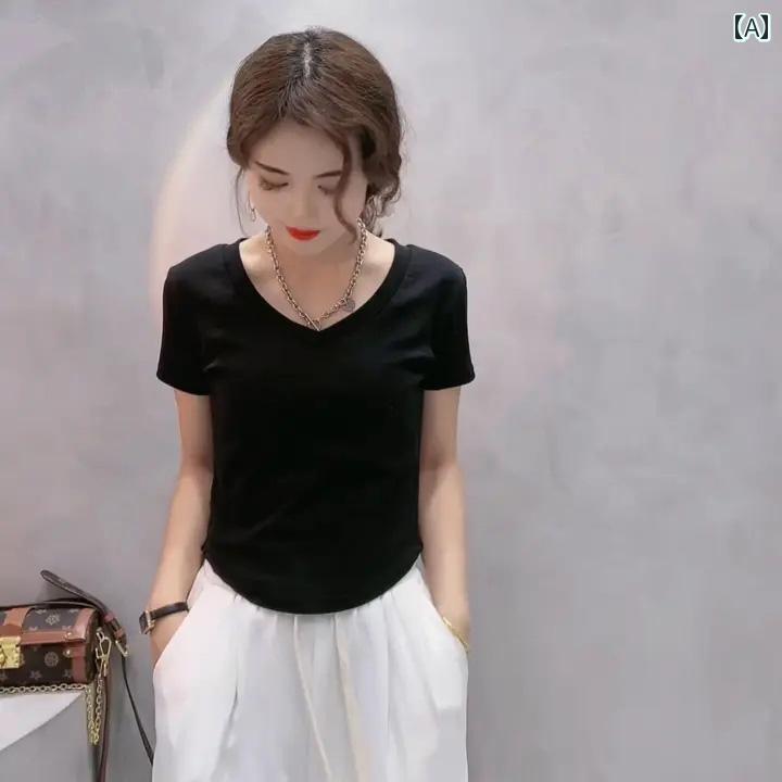 綿 レディース 半袖 Tシャツ 2025 夏 ショート サイズ スリムフィット Vネックトップス 服 ホット材質：-100サイズ: 3XL 2XL M L XL