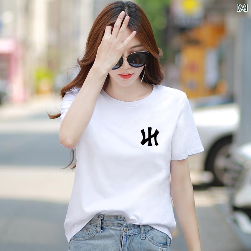 ホワイト 半袖 Tシャツ 女性 ニッチ ルーズ 2025 夏 ラウンドネック トップス ワンポイント カジュアル シンプル サイズ: S.M.L.XL.2XL.3XL
