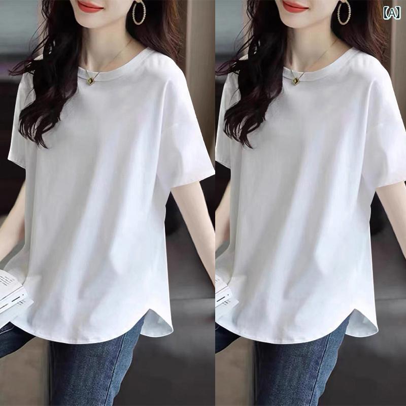 夏 レディース用 不規則 カーブ 裾 綿 半袖 Tシャツ ゆったり スリムフィット ミドル丈 万能 トップス コットン 無地 シンプル素材: コットン襟のタイプ: ラウンドネック長さ: ミディアム丈サイズ: S-M-L