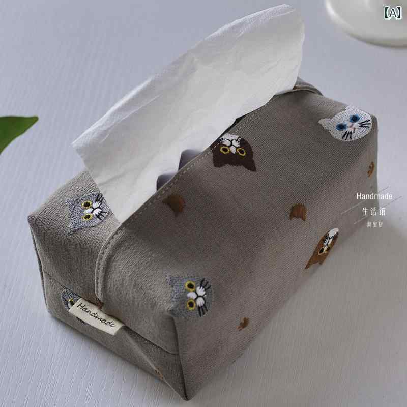 手作り 刺繍 猫 生地 ティッシュ カバー 車 紙 箱 デスク トップ レストラン リビング ルーム 家庭用 商業 インテリア かわいい