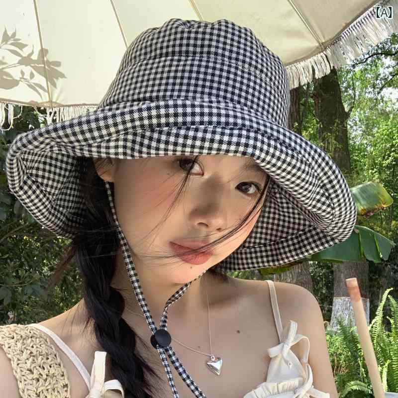 韓国 チェック柄 つば広 フィッシャーマンハット 女性用 春夏 日焼け防止 帽子 カジュアル おしゃれ かわいい フリーサイズスタイル: ベイスンハット/フィッシャーマンハット群衆: ユニセックスサイズ: フリーサイズ (54-58cm)