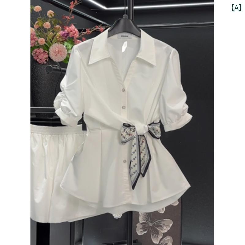 ホワイトレディース シフォンシャツ 夏 2025 半袖 リボン スカーフデザイン シャーリング シルエット カジュアル シンプル