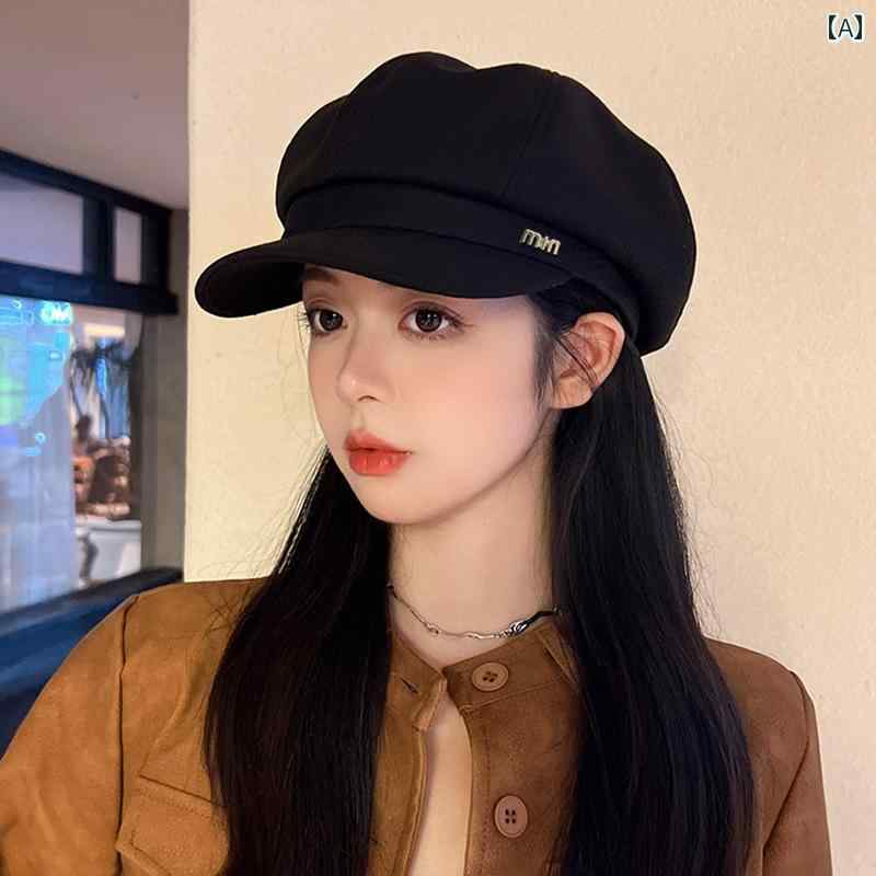 秋冬 女性 ベレー帽 小さめ アヒルの 舌 八角形の 帽子 大きいサイズ レトロ 黒 キャスケット 帽 カジュアル 主な素材: アクリルサイズ: フリーサイズ.調整可能 (54-58cm)