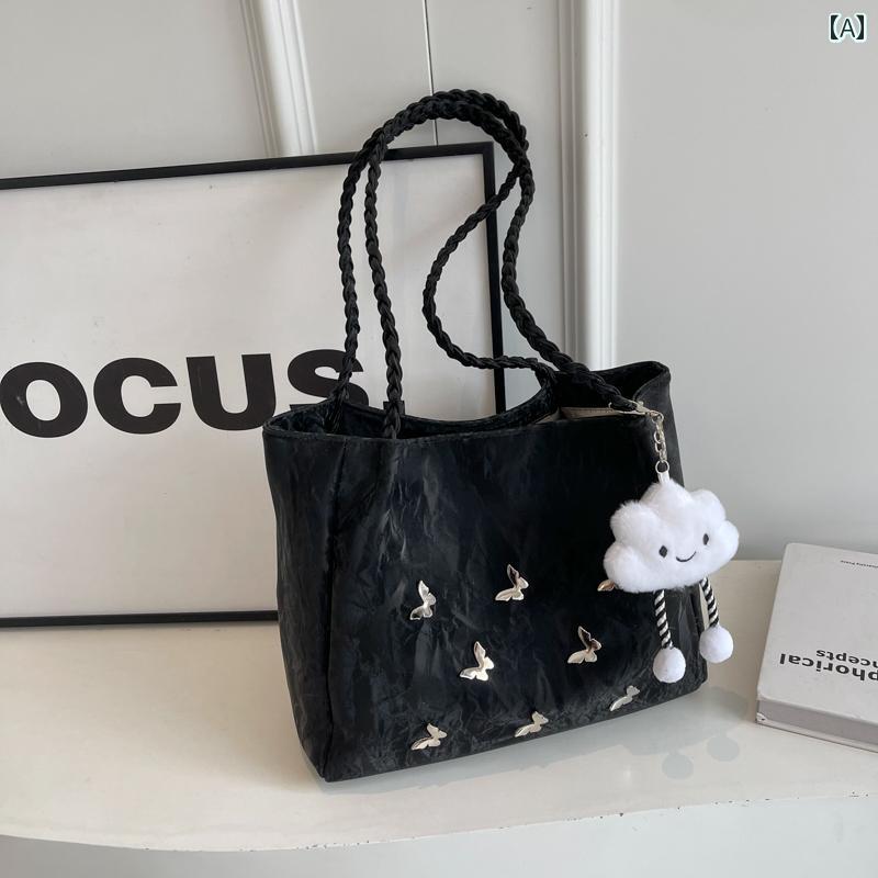 女性用大容量 バッグ 2025 ニッチ バタフライ ショルダーバッグ 学生 授業 通勤 多目的 トートバッグ オフィス カジュアル裏地素材：ポリエステル