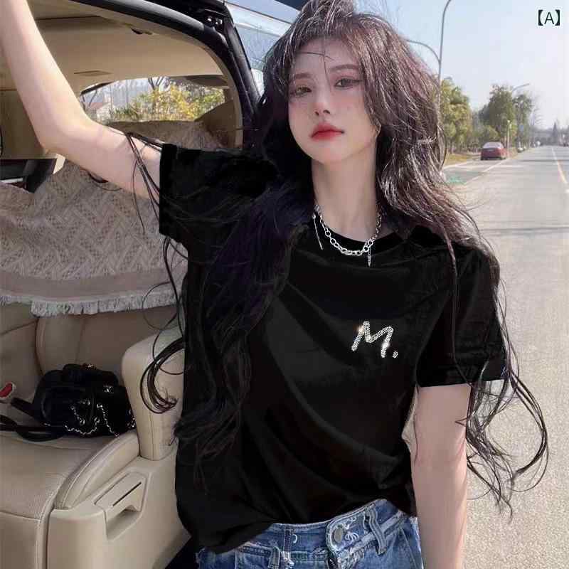 黒 ストレート ショルダー 半袖 Tシャツ 女性用 夏用 スタイリッシュ 年齢 若返らせる ホット 文字 ゆったり ラウンドネック トップスサイズ: S-M-L-XL-2XL襟のタイプ: ラウンドネック
