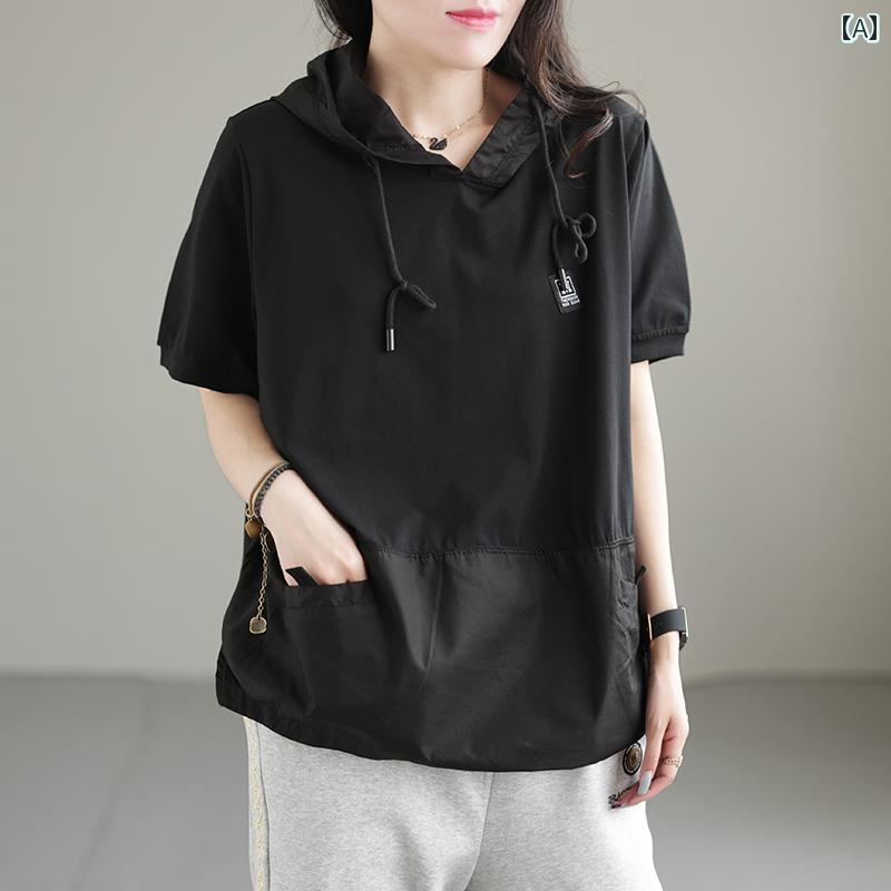 綿 半袖 Tシャツ レディース 夏 ゆったり 2025 カジュアル レトロ 文学 婦人服 スプライシング トップス 袖丈：七分袖サイズ: 4XL 3XL 2XL M L XL