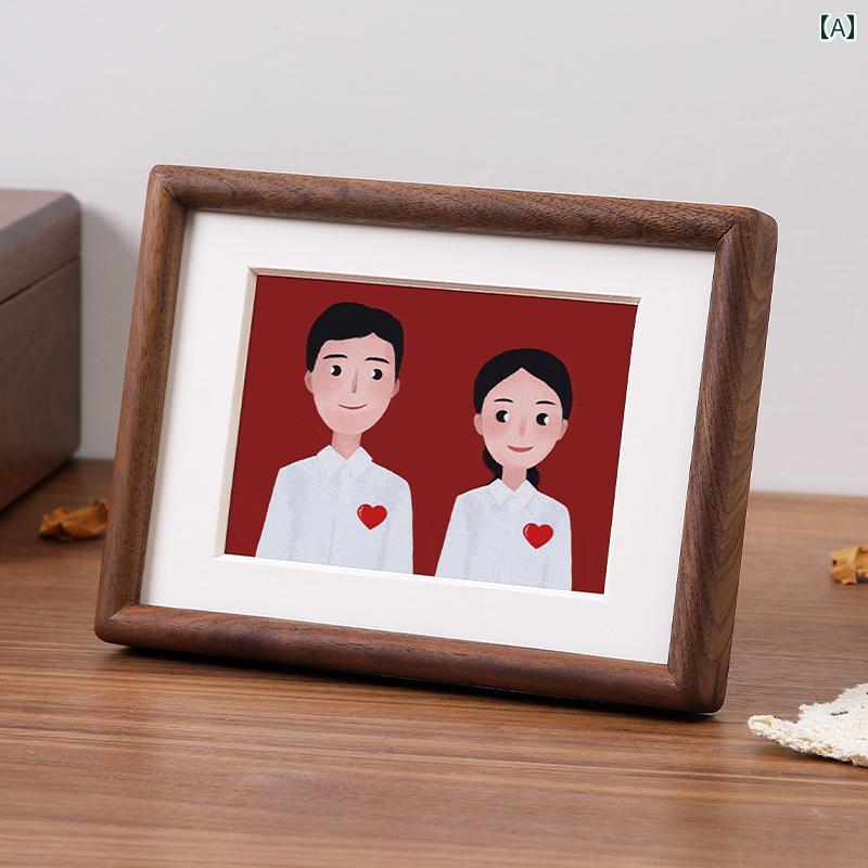 フォトフレーム 結婚 登録 証明書 写真 カップル 記念日 6インチ 豪華 無垢材 ディスプレイ スタンド インテリア リビング ダイニング材質：無垢材サイズ: 6インチは横置き.縦置き可能 [置き場所 10.3x15.3cm] カード用紙...