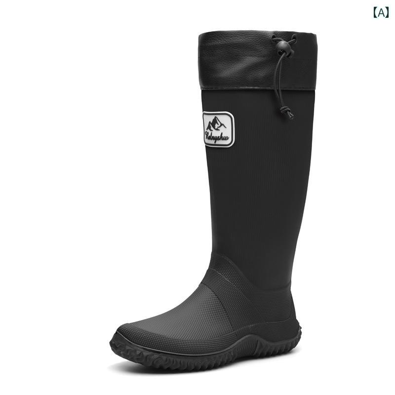 ハイ カット レインブーツ メンズ 日本製 ソフト 折りたたみ 式 滑り止め 耐摩耗性 洗車 ウォーター シューズ アウトドア 防水 軽量 ラバーシューズサイズ: 36/37,38/39,40/41,42/43,44/45アッパー素材：プラ...