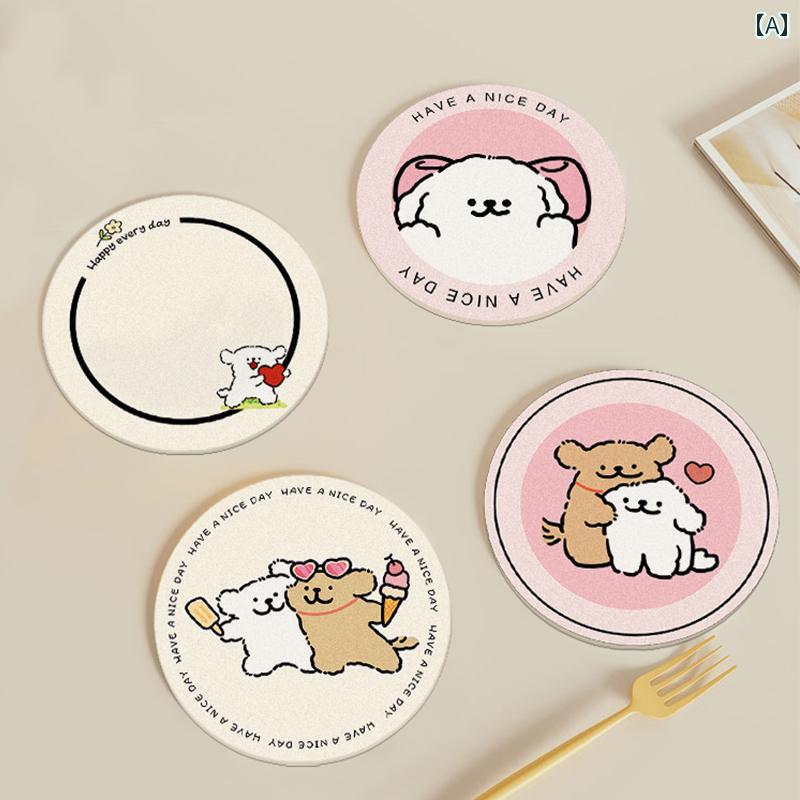 子犬 丸い コースター 吸収性 マット 断熱 パッド ドッグ かわいい キャラクター おしゃれ 4枚セット ピンク パステルカラー素材：珪藻土仕様: 16×16cm.20×20cm