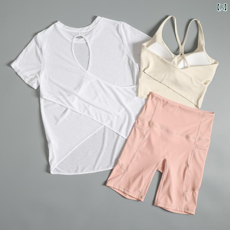 夏用 レディース ランニング スーツ ジム エクササイズ 速乾性 ヨガ で スリム プロ 仕様の ピラ ティ スポーツウェア.シンプルデザインパンツの長さ：ショートパンツ性別: 女性トップススタイル: プルオーバースタイル: スポーツスーツ...