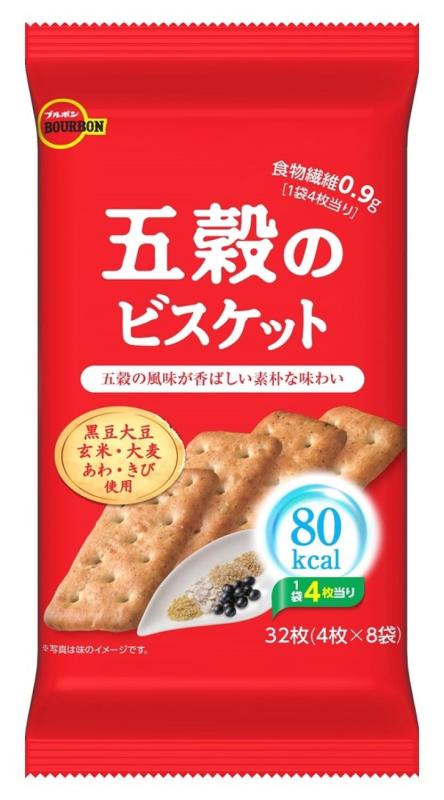 ブルボン 五穀のビスケット 32枚×6袋原材料:小麦粉（国内製造）、小麦全粒粉、植物油脂（ごまを含む）、砂糖、ミルクシロップ、黒豆大豆粉、ごまペースト、食塩、玄米、ショートニング、ごま、大麦粉、脱脂小麦胚芽、イースト、もちあわ粉、もちきび粉...