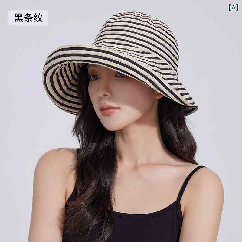 韓国 日焼け防止 ストライプ フィッシャーマン 夏 折りたたみ サンハット つば広 レトロ カジュアル トラベル おしゃれ 主な素材：ポリエステル群衆: 女性