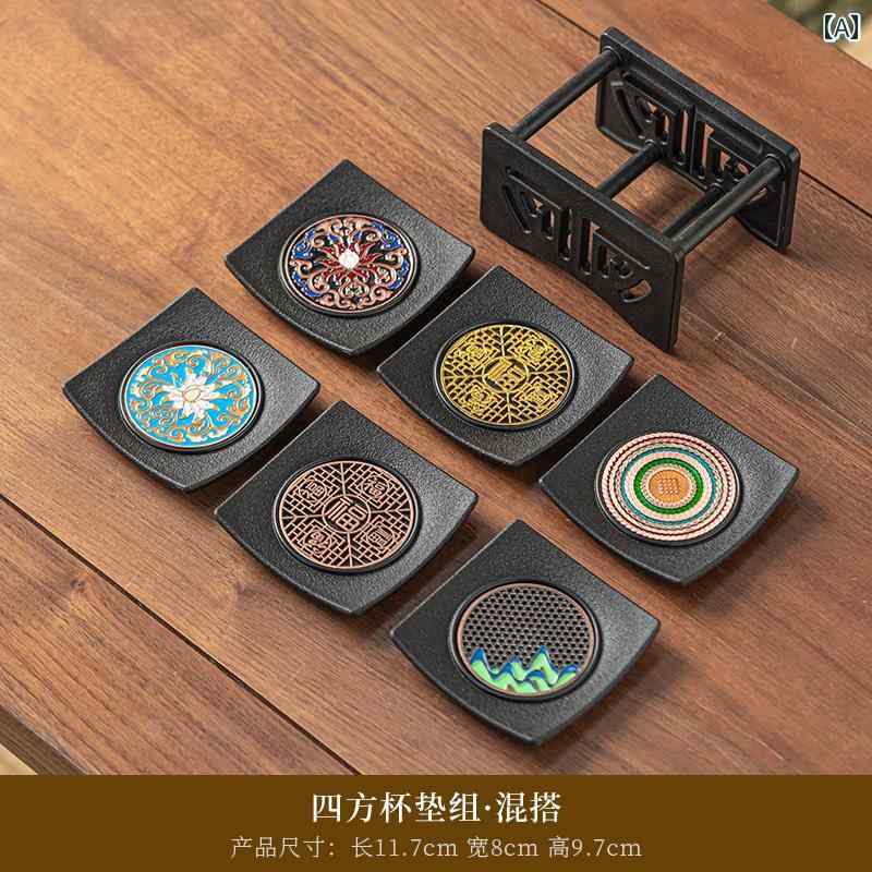 中国 茶道 コースター 角型 エナメル ティーカップ ホルダー 家庭用 ゆがみ ティーテーブル 滑り止め 断熱 パッド 収納 パック 6個材質：プラスチック