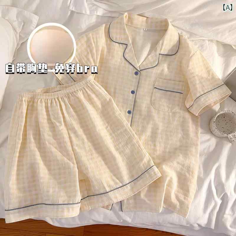 パジャマ 胸パッド 付き 女性 春秋 夏 綿 ガーゼ 半袖 かわいい ルームウェア カジュアル コットン シンプルパンツ丈：ショートパンツ通称：綿生地袖丈:半袖対象性別：女性サイズ：M[推奨身長150-160cm.推奨体重80-100kg]...