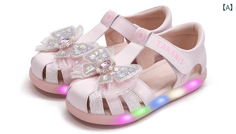 夏 ガールズ 光る プリンセス サンダル 女の子用 シューズ ソフト バタフライ リボン スパンコール パンプス かわいい キッズ表面素材：マイクロファイバーレザー