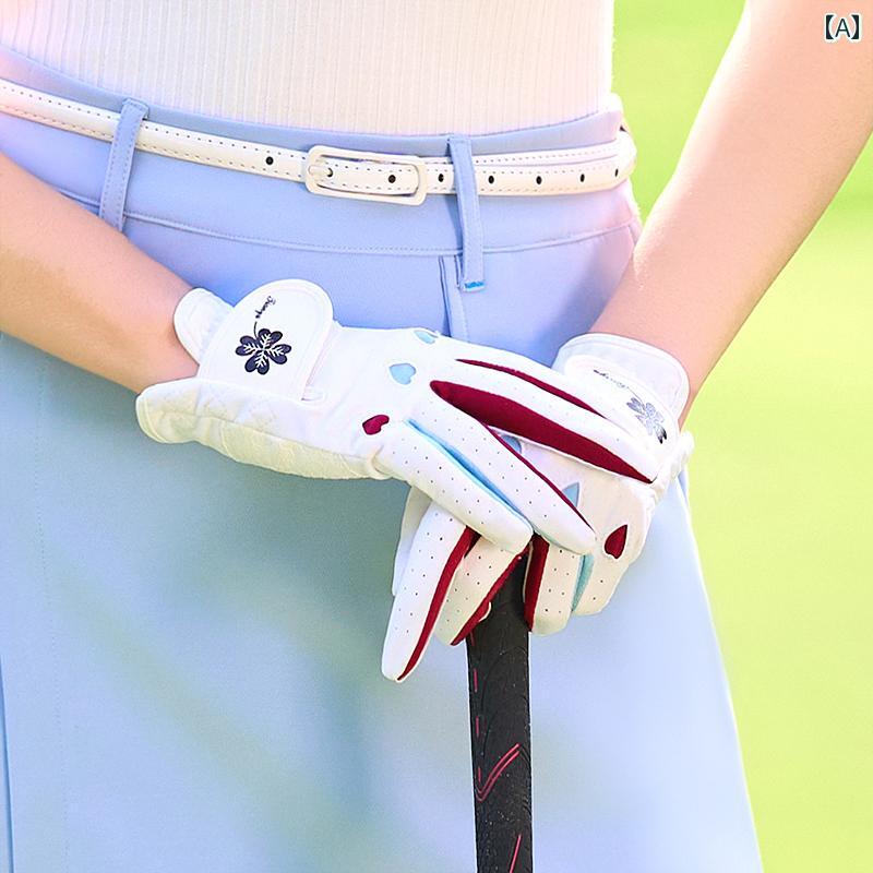 ゴルフ グローブ 2 組 女性用 ファイバー クロス 滑り止め 耐摩耗性 通気性 ラブ ホワイト スポーツ ホワイトレッドブルー ピンク