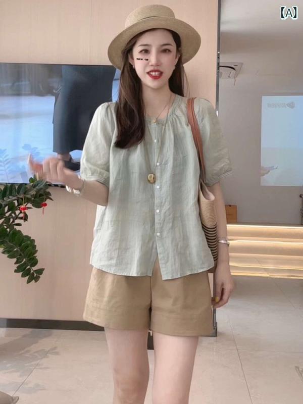 半袖 女性 夏 ルーズ シックで 美しい 小さめ シャツ ラミー トップ カジュアル オフィス おしゃれ シンプルサイズ: 2XL SML XL