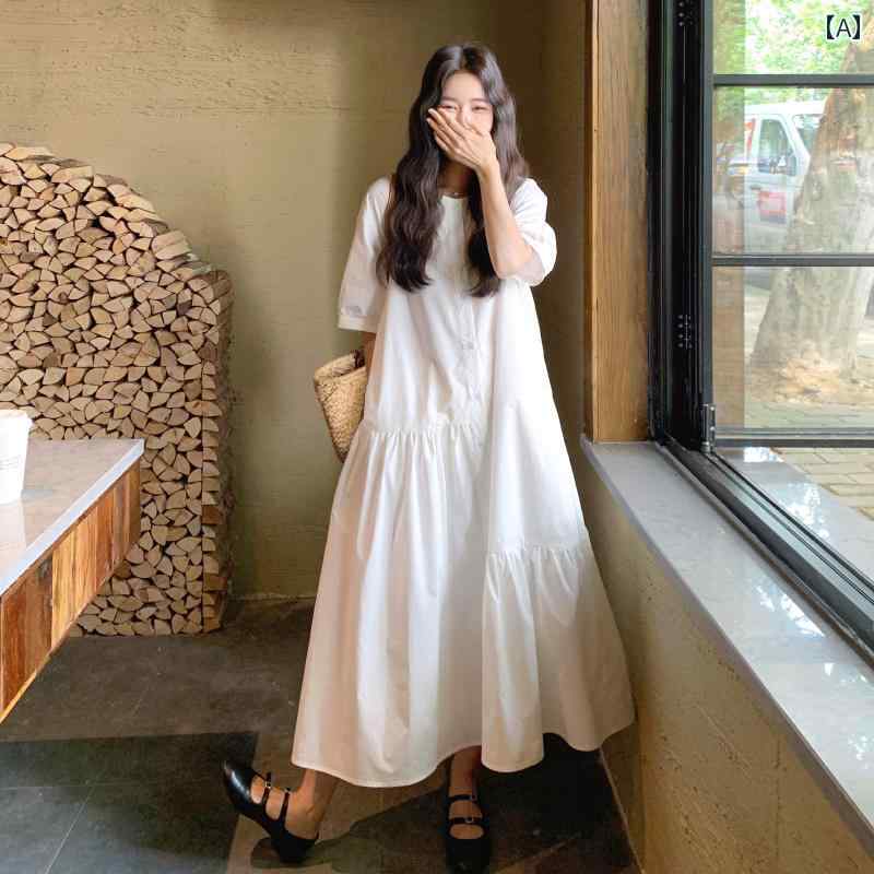 フレンチ 白 半袖 ワンピース 女性用 2025年 夏 不規則 ゆったり Aライン シャツ スカート カジュアル サイズ: S.M.L.XL