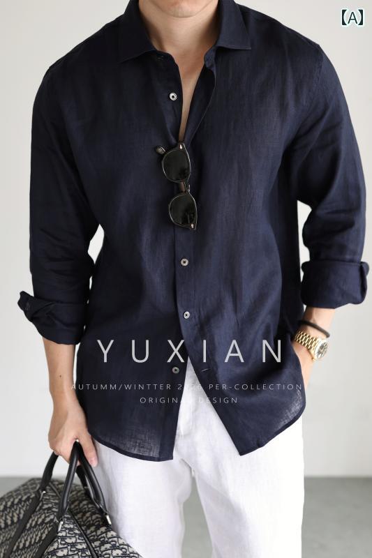 イタリア製 リネン 先 染め 長袖 シャツ カジュアル ビジネス 無地 通勤 通学 通気性 メンズ 春夏 シンプル生地の分類：リネンサイズ: 3XL.2XL.S.M.L.XL.4XL