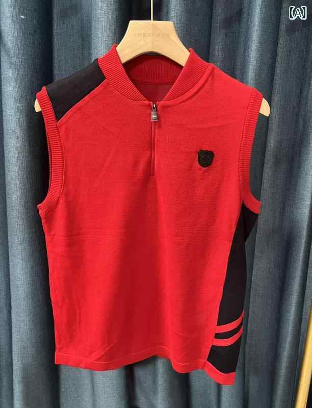ゴルフ メンズニット ベスト スリム スタイリッシュ 春秋 薄手 スプリングセーター プルオーバー ジッパー シルバー レッド ネイビーブルー