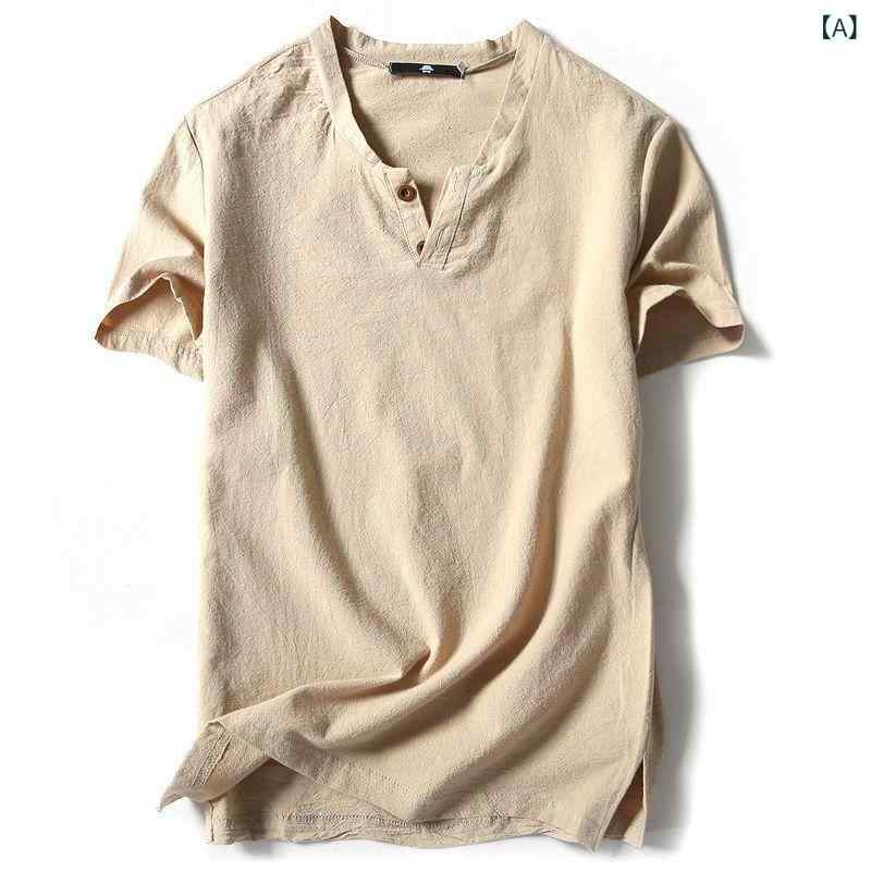 Tシャツ メンズ 男性用 半袖 Vネック 綿麻混紡 無地 カットソー トップス 中国風 ミドル丈 ゆったり 薄手 カーディガン風 カンフーシャツ カンフー着 リネンシャツ 春夏・スタイル: レトロ・素材: ポリエステル・タイプ: カーディガ...