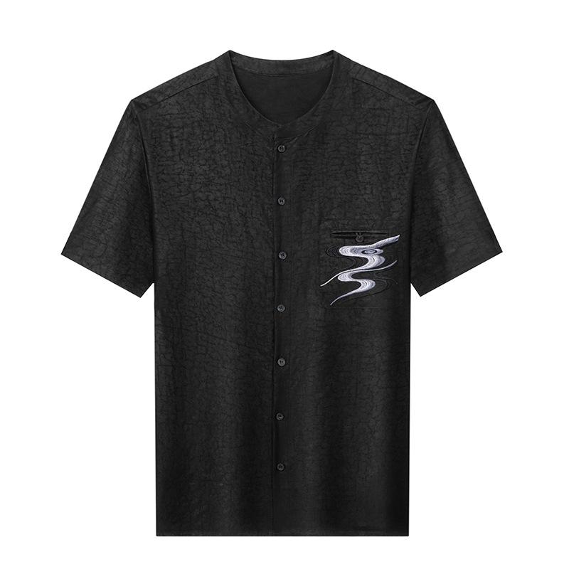 シャツ 男性用 桑蚕糸 半袖 立襟 プリント柄 ゆったりサイズ カジュアル ビジネス 薄手 ブラック 黒 防しわ 耐摩耗性・カテゴリ: シャツ・スタイル: 軽熟カジュアル・生地の名称: 真丝・柄: 花柄・ネックライン: スタンドカラー・袖丈...