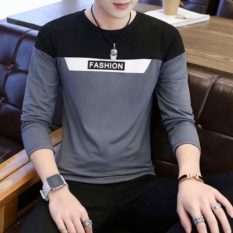 Tシャツ メンズ 長袖Tシャツ 韓国 切り替え アルファベット プリント スリムフィット トップス カットソー ポリエステル 春秋 薄手 ブラック グレー