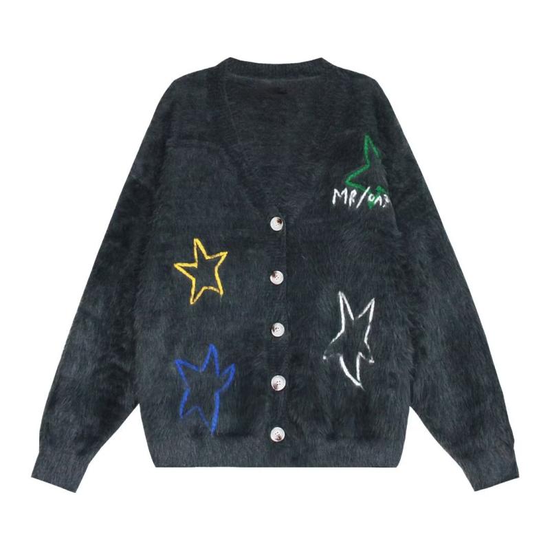 カーディガン メンズ 男性用 ニット Vネック 星柄 刺繍 秋冬物 長袖 グレー ゆったり カジュアル