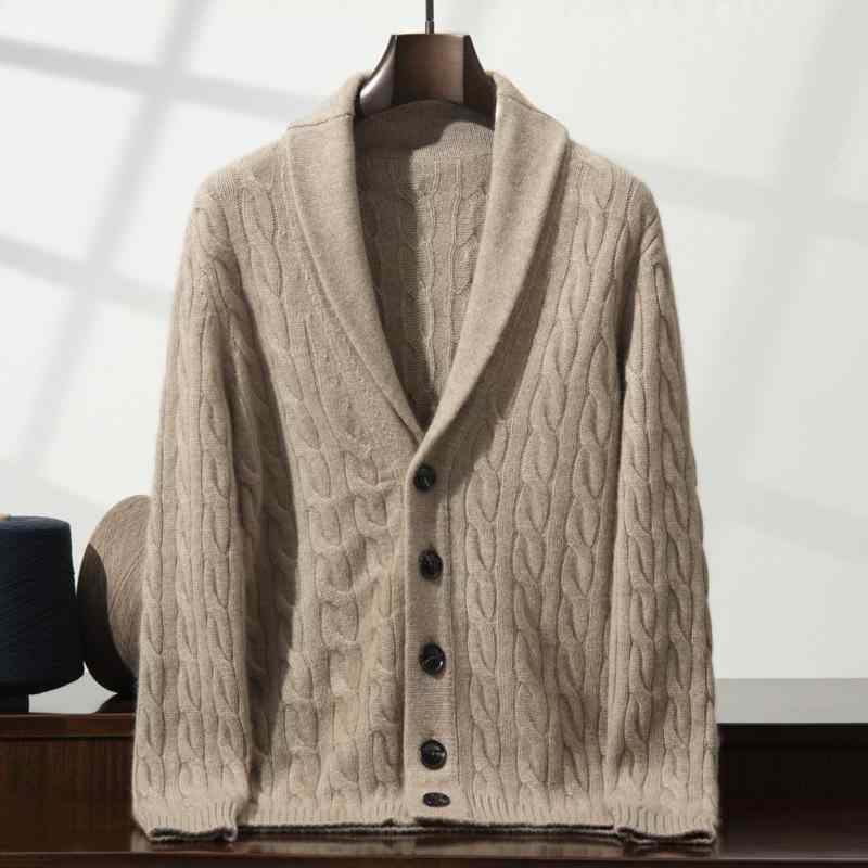 カーディガン メンズ 男性用 ニット カーディガン 秋冬 厚手 ウール 混紡 Vネック 無地 ケーブル編み 暖かい 柔らかい ゆったり 羽織り 普段使い レトロ 紺 黒 グレー ベージュ