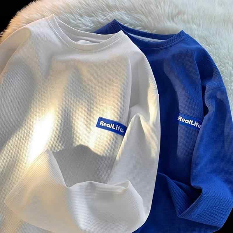 2個セットTシャツ メンズ 長袖 ワッフル クルーネック プルオーバー ポリエステル トップス カットソー 普段使い 部屋着 スポーティ グレー 白 黒 青・スタイル: ストリート・素材: ポリエステル・柄: 文字・フィットタイプ: ルーズ...
