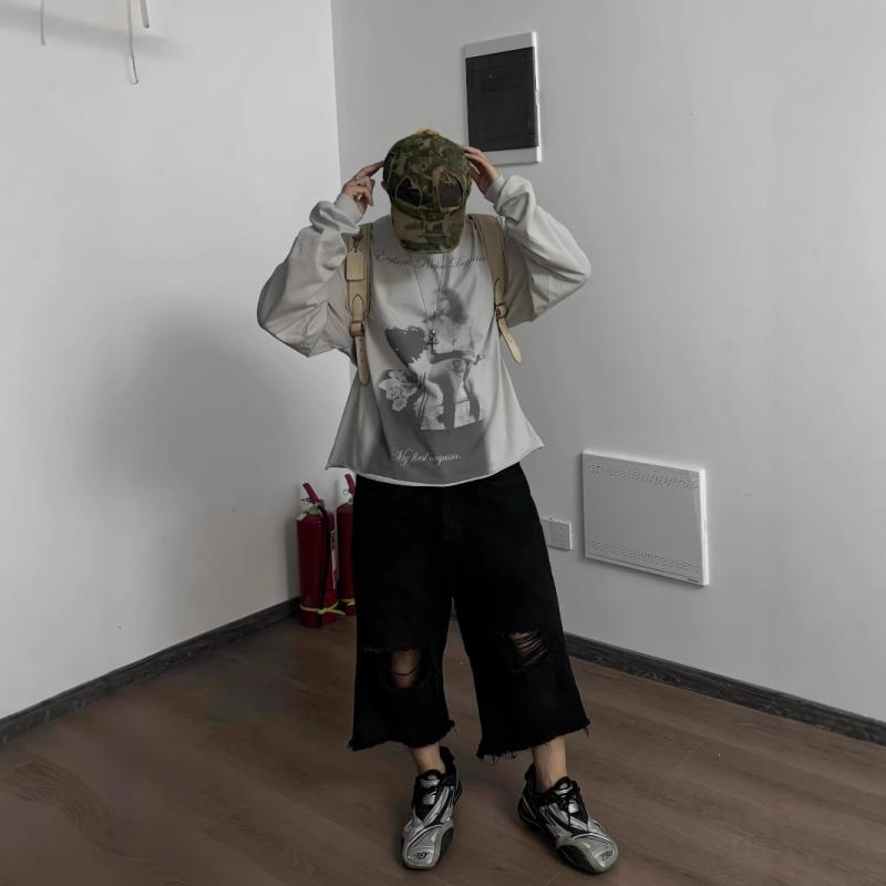 Tシャツ メンズ 男性用 カップル ラウンドネック 長袖 コットン ゆったり 人物プリント 銀グレー ストリート カジュアル