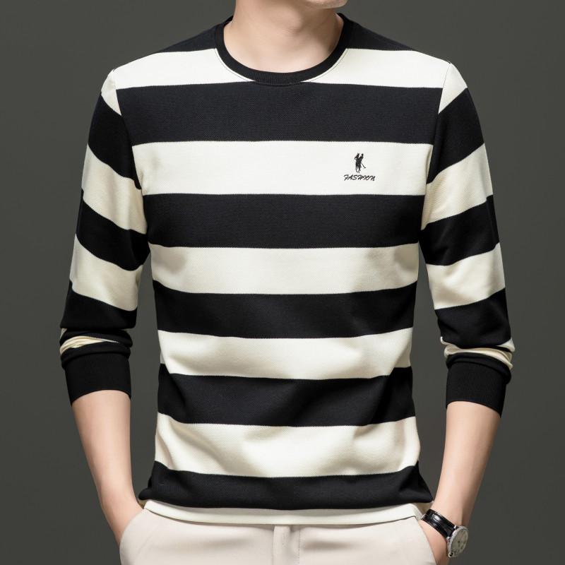 Tシャツ メンズ 男性用 ビジネスカジュアル トップス ストライプ柄 コットン混紡 ラウンドネック 長袖 ゆったり 春秋・スタイル: ビジネス・柄: ストライプ・タイプ: プルオーバー・ネックライン: ラウンドネック・袖丈: 長袖・厚さ: ...