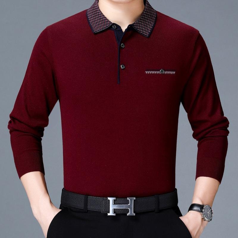 Tシャツ メンズ 男性用 トップス 長袖 ポロシャツ 襟付き カットソー ウール混紡 無地 ゆったり 普段使い ビジネス 赤 レッド グレー キャメル ベージュ グリーン ネイビー 秋冬