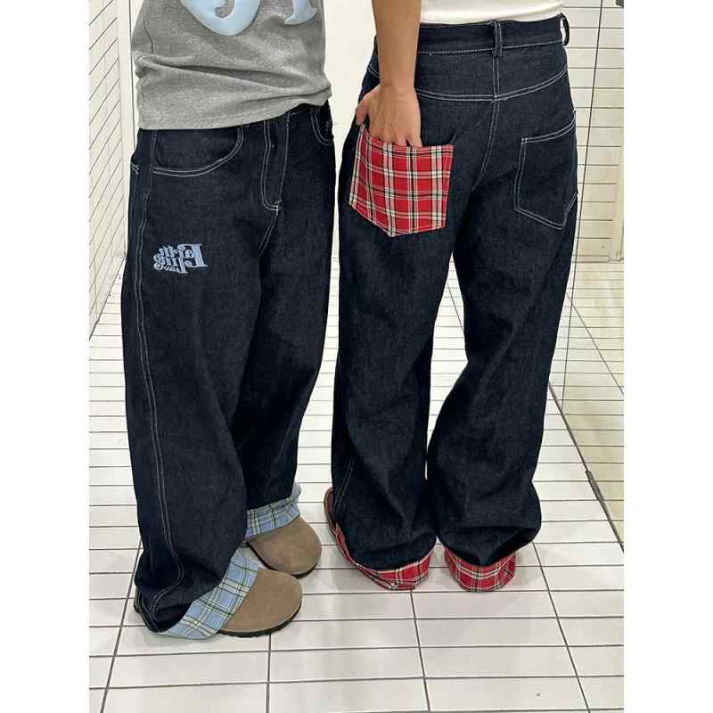 デニム メンズ 格子柄 切り替え テーパードパンツ ストレート ルーズフィット 普段使い・スタイル: ベーシック・パンツ丈: フルレングス・デザイン: ストレートパンツ・ウエスト: ミドルウエスト・前立て: ジッパーフライ・・対象: ティー...