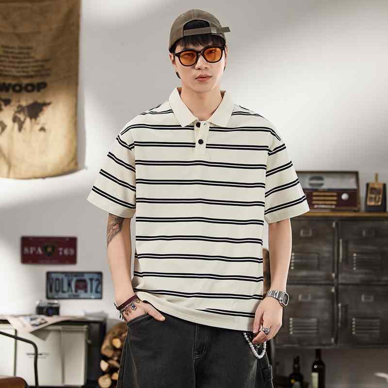 ポロシャツ メンズ 半袖 ストライプ柄 襟付き カットソー トップス 韓国 カジュアル 普段使い 部屋着 春夏 ポリエステル混紡 ブラック系