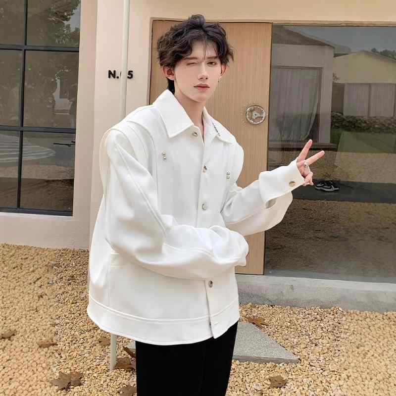 ジャケット メンズ 白 ショート丈 パッド入り 肩パッド ゆったり 港風 デザイン オシャレ アウター