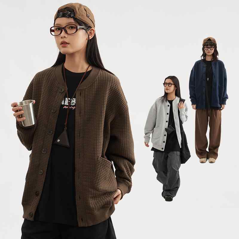 カーディガン メンズ ワッフル 立襟 宝藍色 ポリエステル 花グレー 長袖 ブルゾン 伸縮性 秋冬