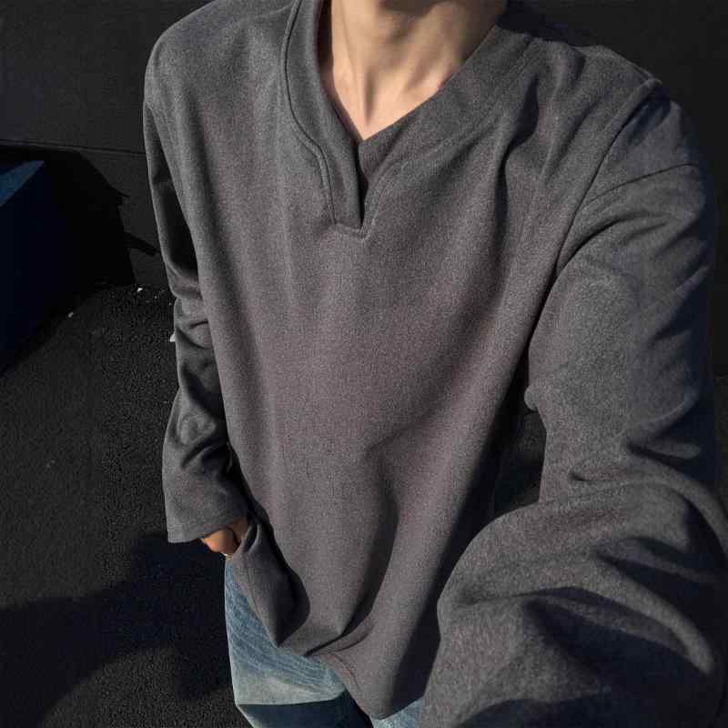 Tシャツ メンズ Vネック 長袖 秋冬 インナー トップス カットソー ポリエステル 無地 黒 ブラック グレー 白 ホワイト