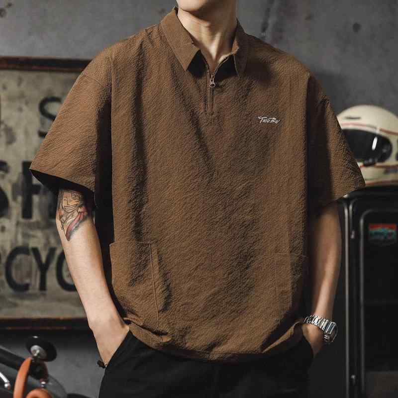 ポロシャツ メンズ 男性用 半袖シャツ アメカジ ストライプ柄 刺繡 ポリエステル ゆったり 薄手 トップス カットソー 普段使い 深グレー 驼色 ブラック ホワイト M L XL 2XL 3XL 4XL 5XL・スタイル: 韓国・袖丈: ...