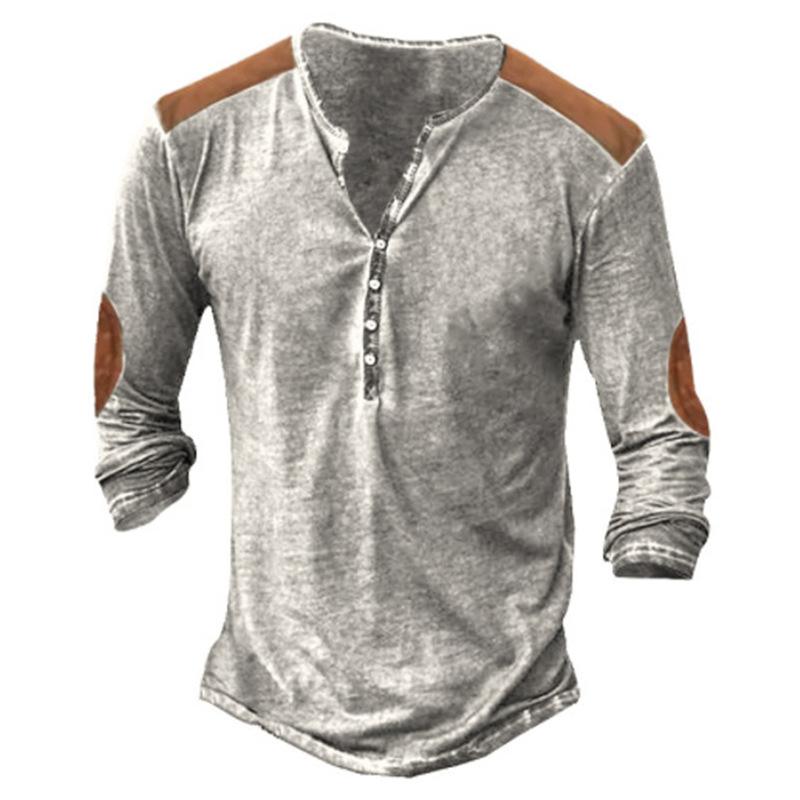 Tシャツ メンズ 男性用 ポリエステル 長袖 ヘンリーネック Vネック プリント バイク柄 カジュアル 修身型 スリムフィット 普段使いstring