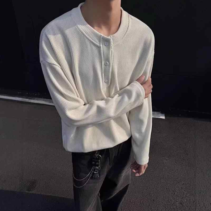 2個セットTシャツ メンズ ヘンリーネック 肌理感 長袖 トップス 重ね着 インナー 春秋 普段使い ポリエステル ミルクアプリコット ブラック・スタイル: ベーシック・柄: 無地・タイプ: プルオーバー・ネックライン: ラウンドネック・袖...
