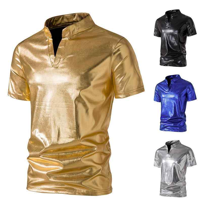 Tシャツ メンズ 男性用 Vネック 半袖 カットソー 無地 艶出し 光沢 亨利领 夜店風 宴会 シルバー 黒 ゴールド 藍色 ゆったり・・柄: -・フィット: ルーズ・対象: 大码・ネックライン: Vネック・袖丈: 半袖・・・素材の割合: ...