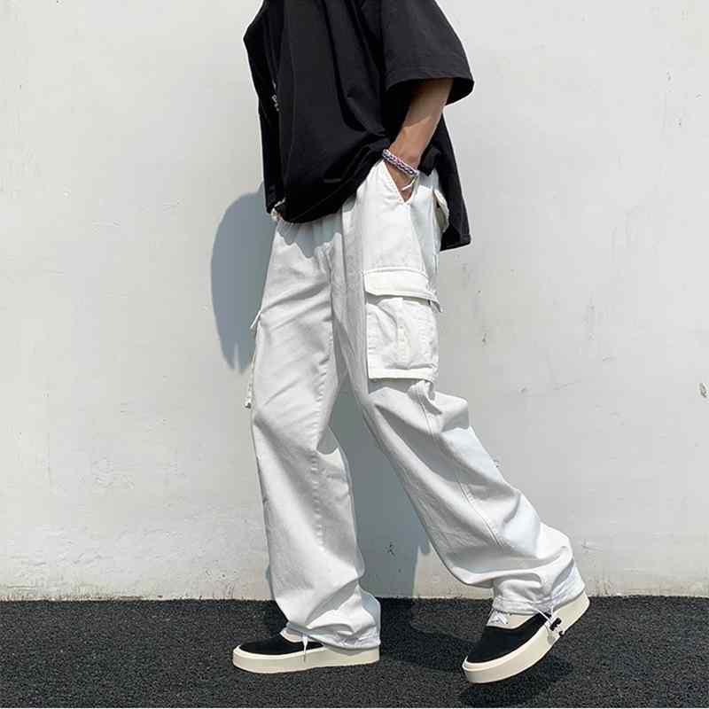 パンツ メンズ 綿 多ポケット ルーズ ワークパンツ カーゴパンツ 白 黒 無地 ストレートパンツ コットン 通年