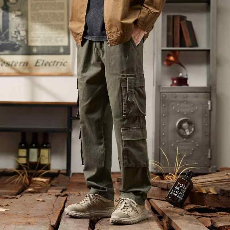 カーゴパンツ メンズ 春秋 コットン ゆったり ストレートパンツ ロングパンツ ミリタリーパンツ ワークパンツ カジュアル 多ポケット カーキ ブラック グリーン・スタイル: カジュアル・パンツのタイプ: ワークパンツ・股上: 普通・パンツ...