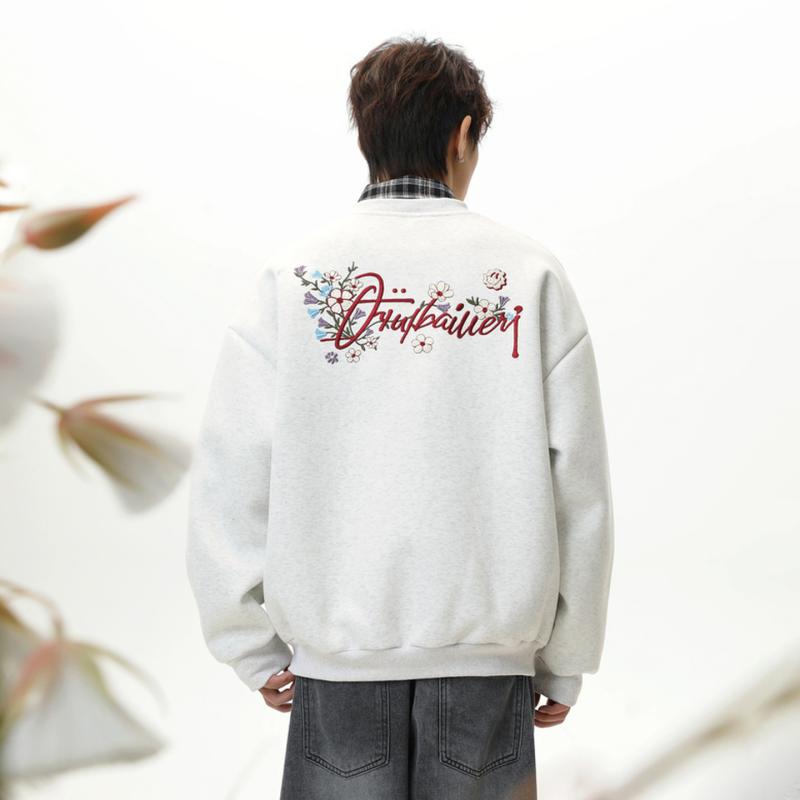 スウェット メンズ 秋物 トップスカジュアル ストリート系 刺繍 クルーネック トレーナー ゆったり コットン ポリエステル 白花灰 黒 アンコラ赤 紺 M L XL XXL