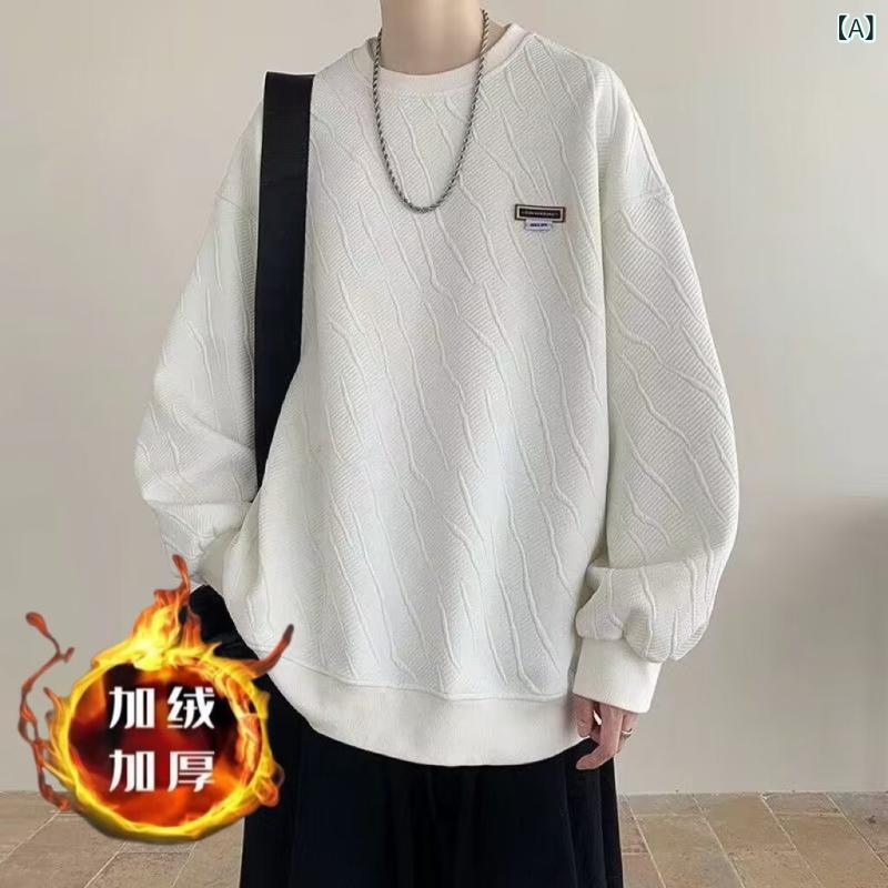 スウェット メンズ 秋冬 裏起毛 トップス ラウンドネック プルオーバー ゆったり 学生 あったか インナー ポリエステル 無地 長袖 M L XL 2XL 3XL ホワイト ブラック ベージュ