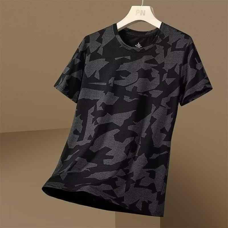 Tシャツ メンズ 男性用 半袖 ポリエステル トップス 接触冷感 吸湿速乾 伸縮性 薄手 ラウンドネック カモフラージュ柄 迷彩柄 スポーツ 普段使い 部屋着